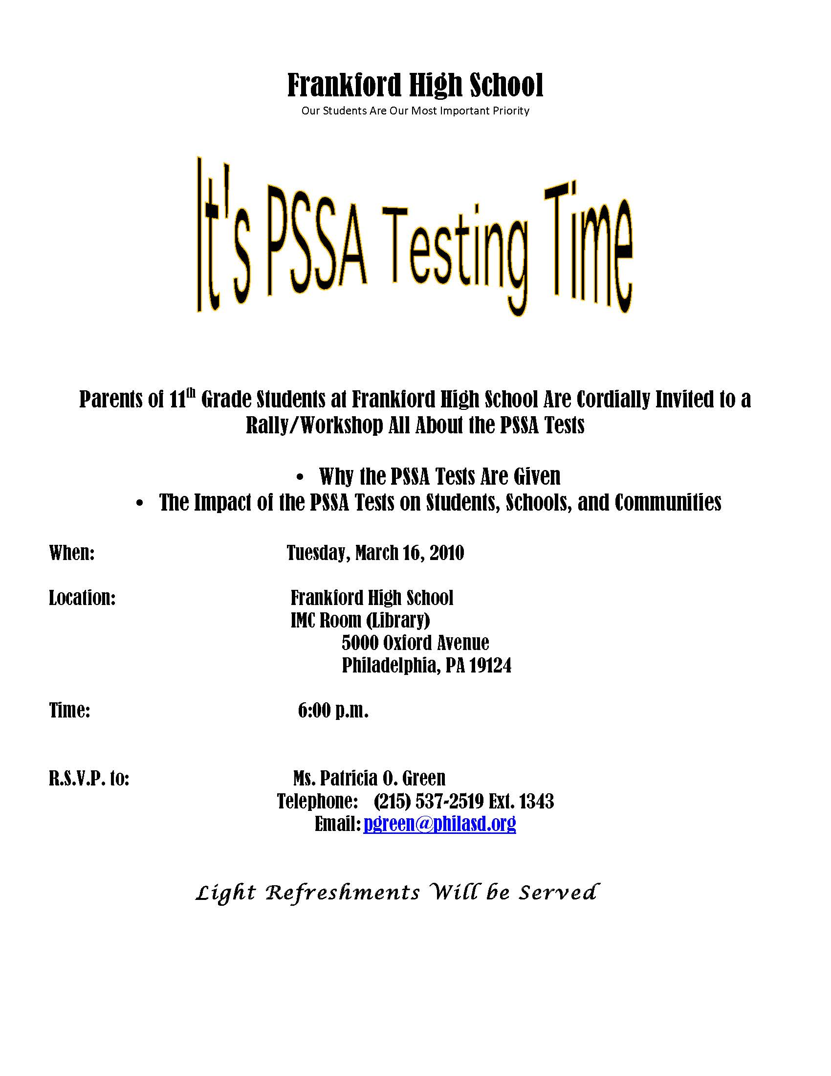 Parent Meeting Re: PSSA Tests for 11th Grade Students at Frankford High ...